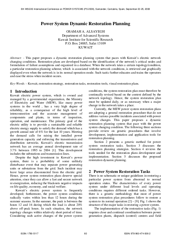 (PDF) Power System Dynamic Restoration Planning