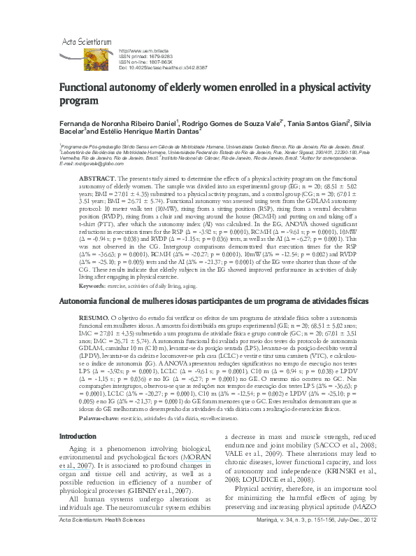 (PDF) Functional autonomy of elderly women enrolled in a physical ...