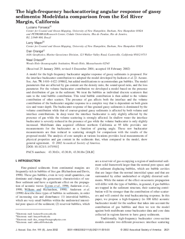 (PDF) The high-frequency backscattering angular response of gassy sediments: Model/data ...