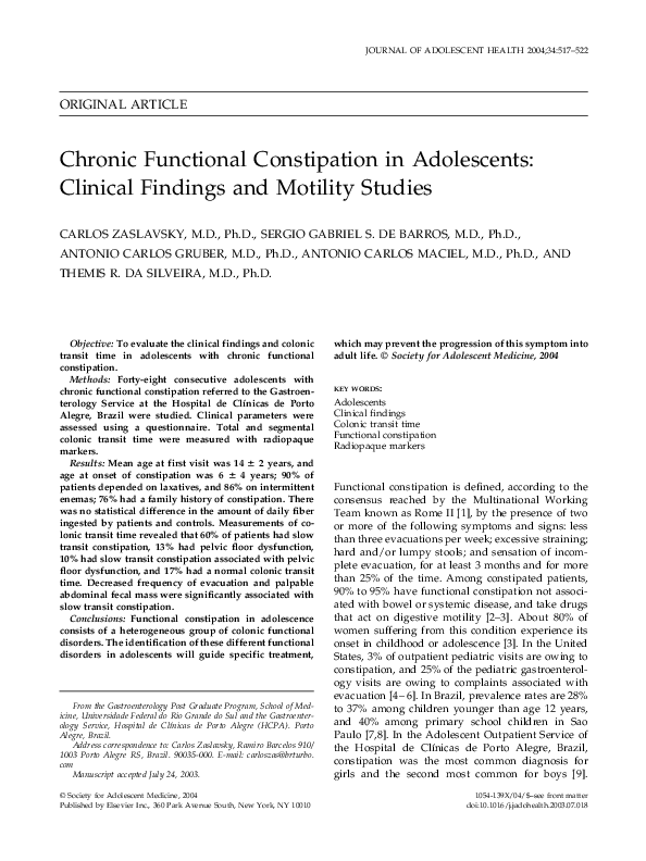 (PDF) Chronic functional constipation in adolescents: clinical findings ...