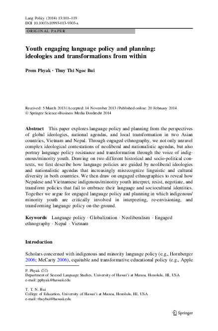 (PDF) Youth engaging language policy and planning: ideologies and transformations from within