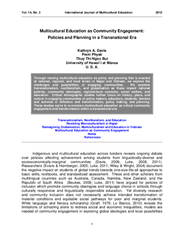 (PDF) Multicultural Education as Community Engagement: Policies and ...
