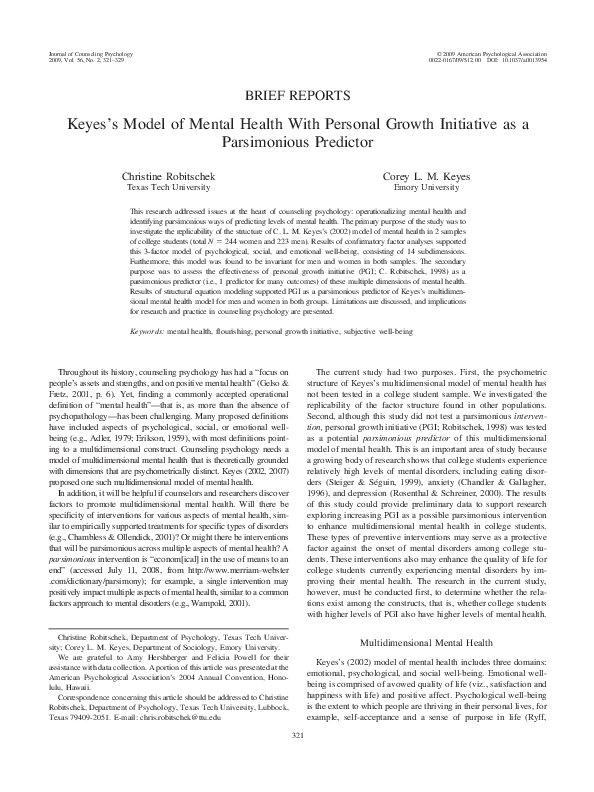 (PDF) Keyes’s Model of Mental Health With Personal Growth Initiative as ...