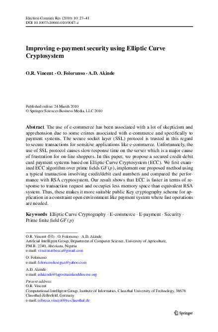 Pdf Improving E Payment Security Using Elliptic Curve Cryptosystem