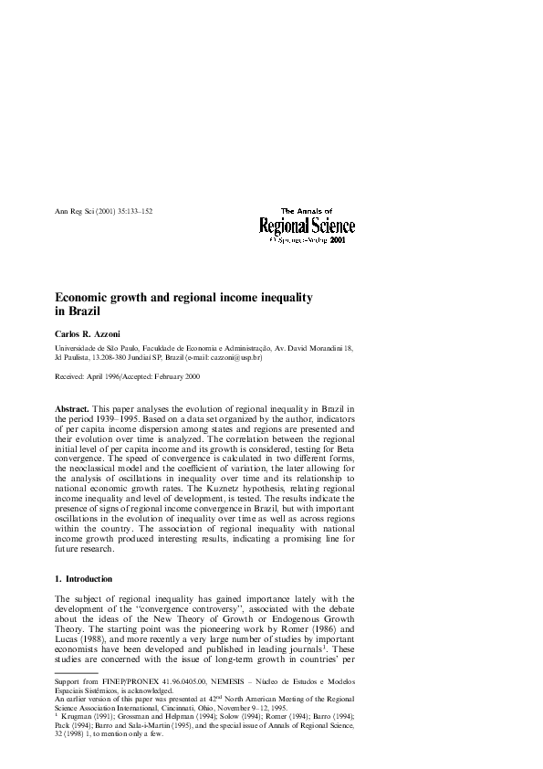 (PDF) Economic growth and regional income inequality in Brazil