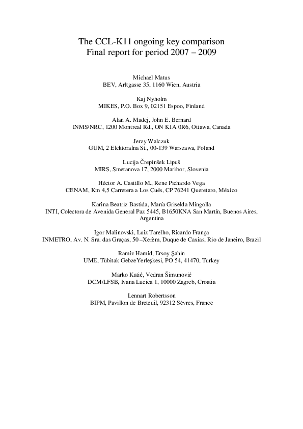 (PDF) KEY COMPARISON Final report for the period 2007-2009 on the CCL-K11 ongoing key comparison
