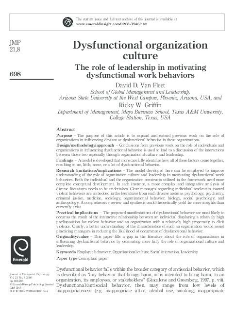 (PDF) Dysfunctional organization culture : The role of leadership in ...