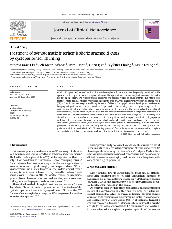 (PDF) Treatment of symptomatic interhemispheric arachnoid cysts by ...