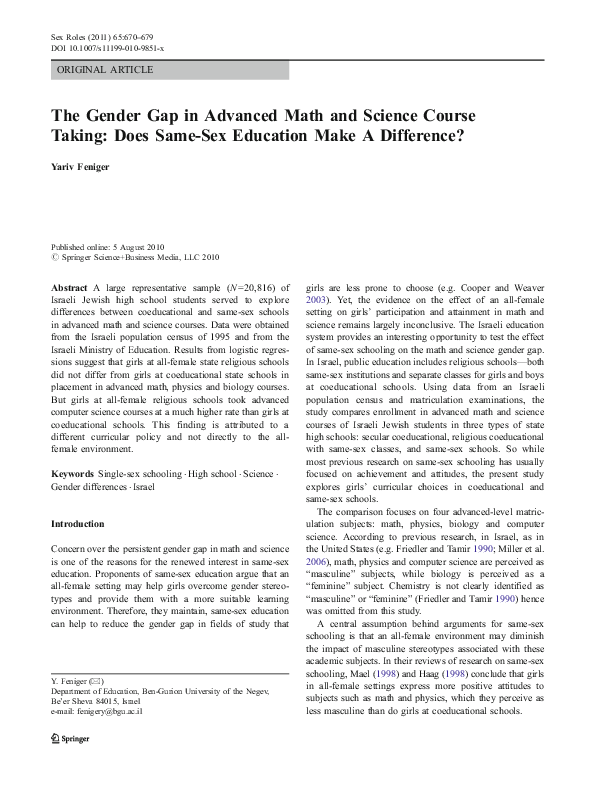 (PDF) The Gender Gap in Advanced Math and Science Course Taking: Does ...