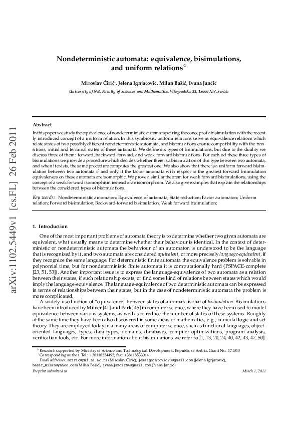 (PDF) Nondeterministic automata: equivalence, bisimulations, and uniform relations