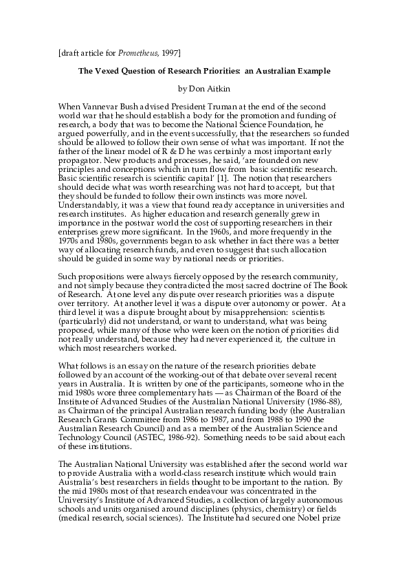 (PDF) The Vexed Question of Research Priorities: An Australian Example