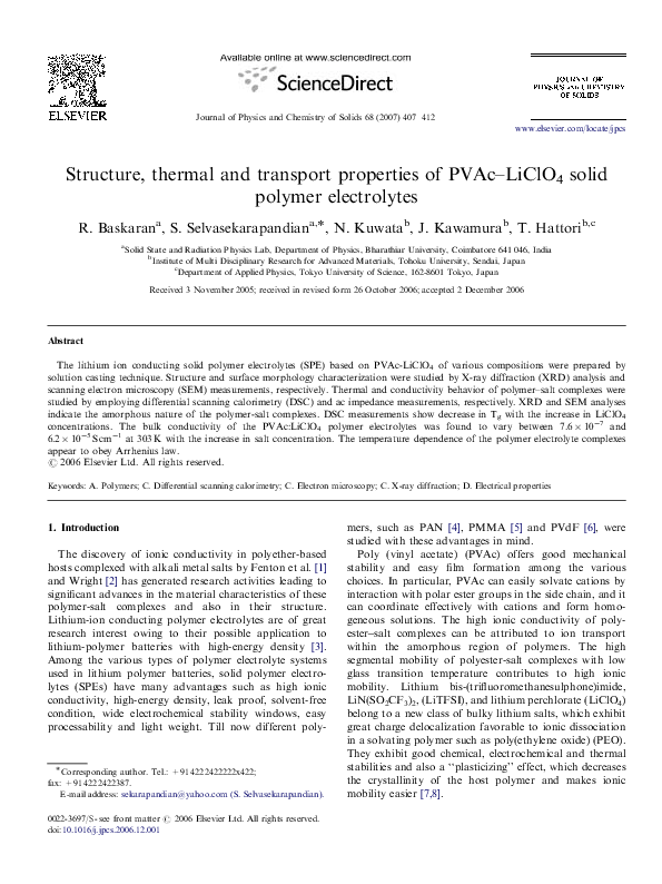 (PDF) Structure, thermal and transport properties of PVAc–LiClO 4 solid ...