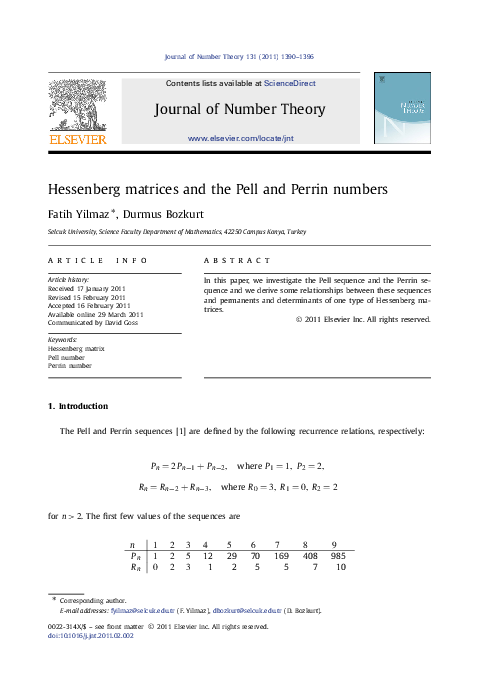 (PDF) Hessenberg matrices and the Pell and Perrin numbers