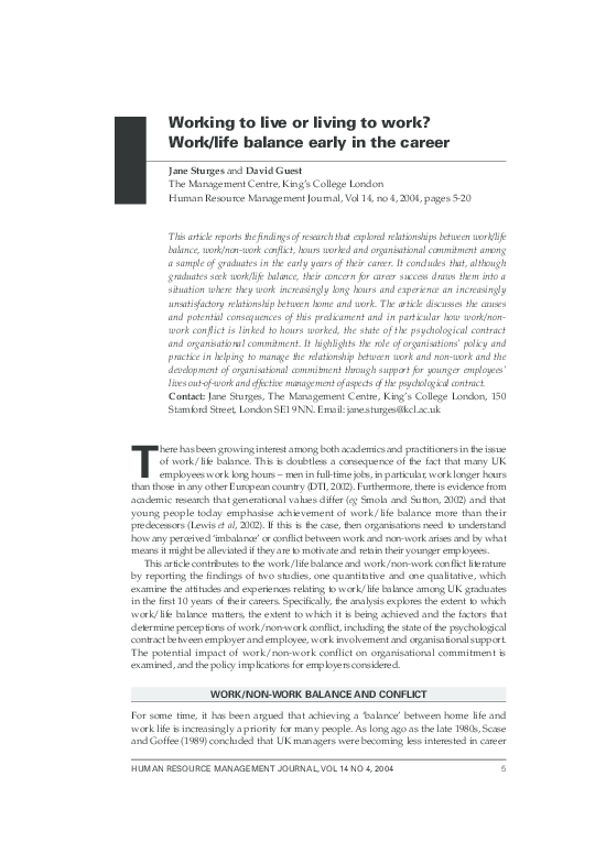 (PDF) Working to live or living to work? Work/life balance early in the ...