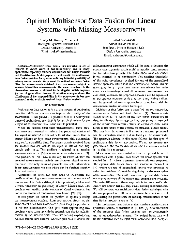 Pdf Optimal Multisensor Data Fusion For Linear Systems With Missing Measurements