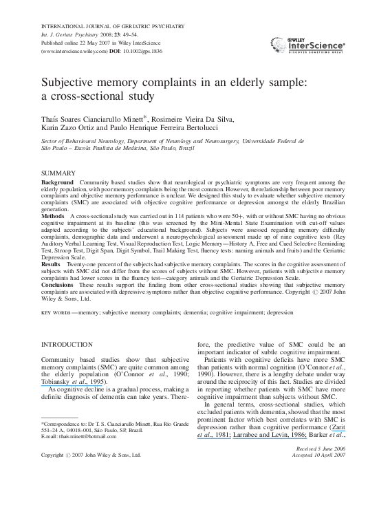 (PDF) Subjective memory complaints in an elderly sample: a cross ...