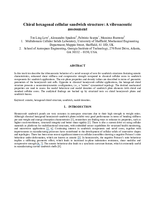 (PDF) Chiral hexagonal cellular sandwich structure: a vibro-acoustic ...