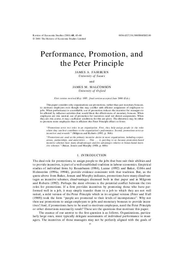 (PDF) Performance, promotion, and the Peter Principle