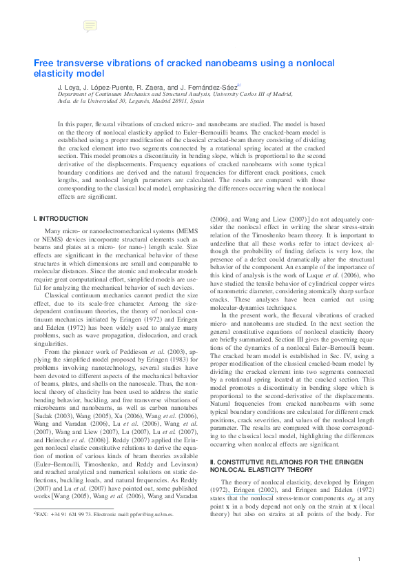(PDF) Free transverse vibrations of cracked nanobeams using a nonlocal ...