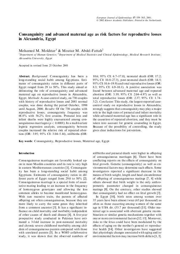 (PDF) Consanguinity and advanced maternal age as risk factors for reproductive losses in ...
