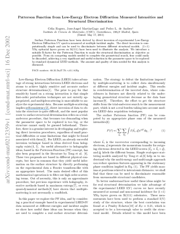(PDF) Patterson function from low-energy electron diffraction measured ...