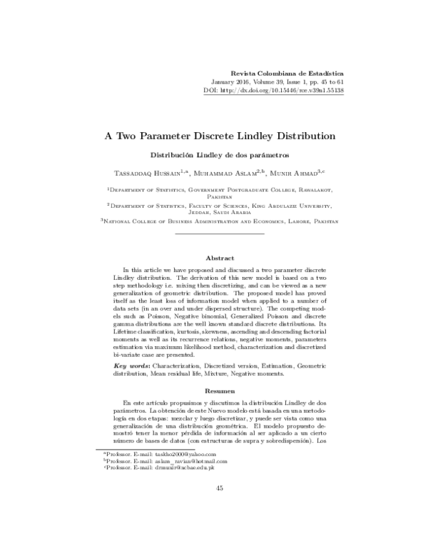 (PDF) A Two Parameter Discrete Lindley Distribution