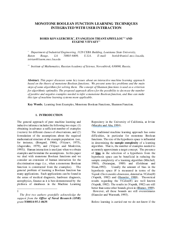 Pdf Monotone Boolean Function Learning Techniques Integrated With