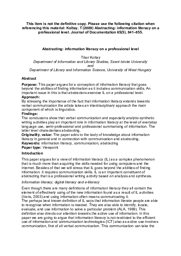 (PDF) Abstracting: information literacy on a professional level