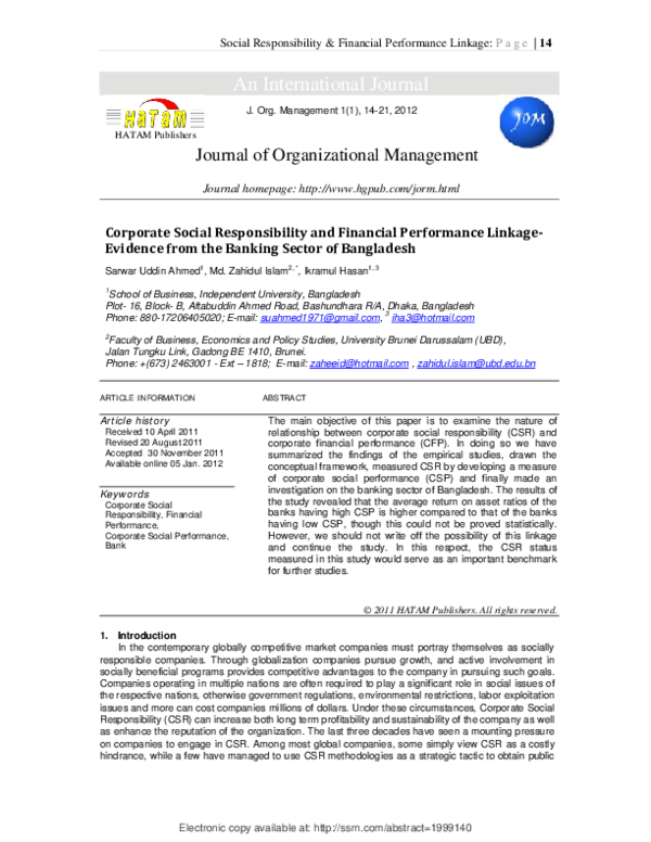 (PDF) Corporate social responsibility and financial performance