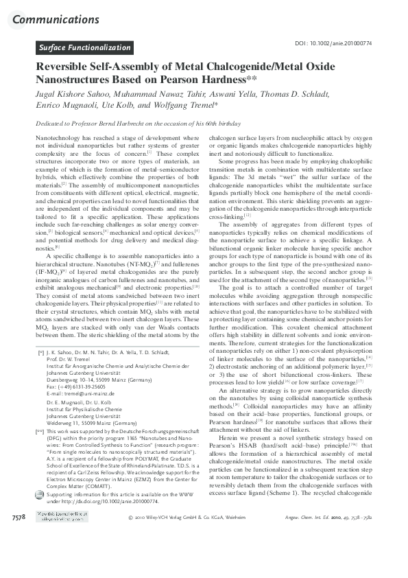 (PDF) Reversible Self-Assembly of Metal Chalcogenide/Metal Oxide Nanostructures Based on Pearson ...