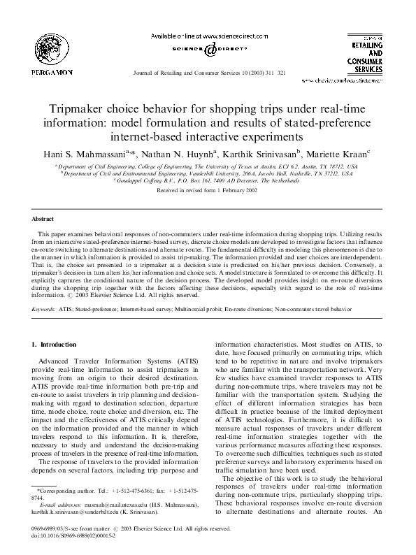 (PDF) Tripmaker choice behavior for shopping trips under real-time ...