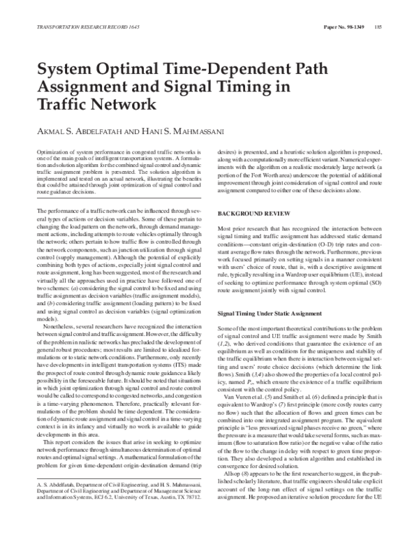 Pdf System Optimal Time Dependent Path Assignment And Signal Timing In Traffic Network