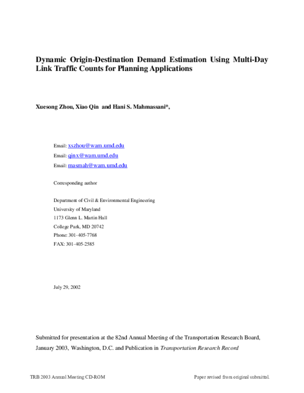 Pdf Dynamic Origin Destination Demand Estimation Using Automatic Vehicle Identification Data