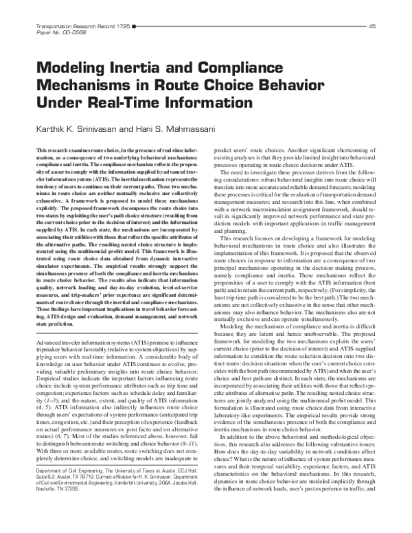 (PDF) Modeling Inertia and Compliance Mechanisms in Route Choice Behavior Under Real-Time ...