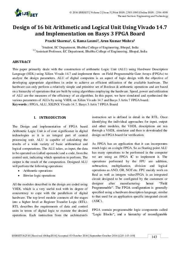 Pdf Design Of 16 Bit Arithmetic And Logical Unit Using Vivado 147 And Implementation On Basys