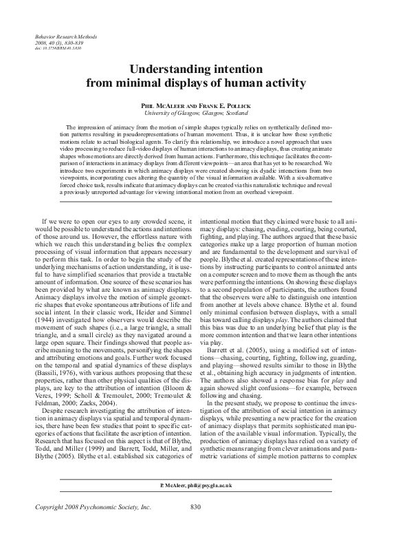 (PDF) Understanding intention from minimal displays of human activity