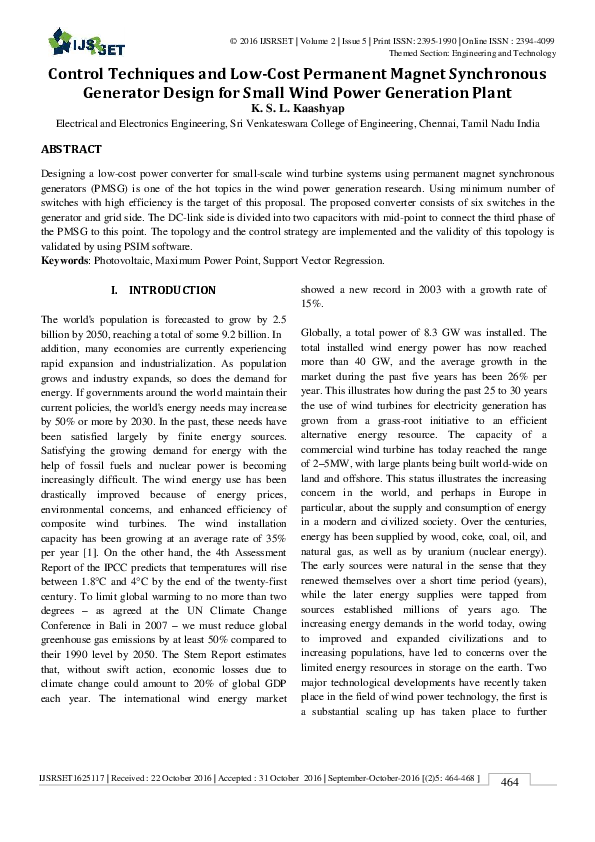Pdf Control Techniques And Low Cost Permanent Magnet Synchronous Generator Design For Small