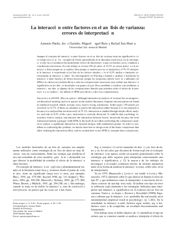 (PDF) La interacción entre factores en el análisis de varianza: errores de interpretación