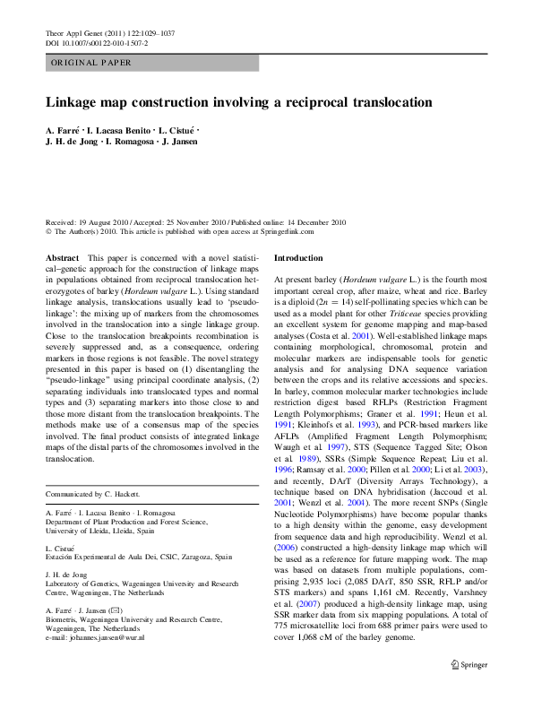 (PDF) Linkage map construction involving a reciprocal translocation