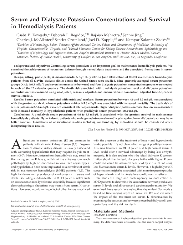 (PDF) Serum and Dialysate Potassium Concentrations and Survival in ...