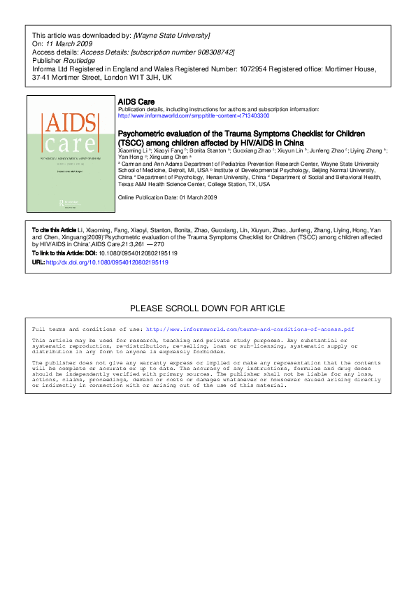 (PDF) Psychometric evaluation of the Trauma Symptoms Checklist for ...