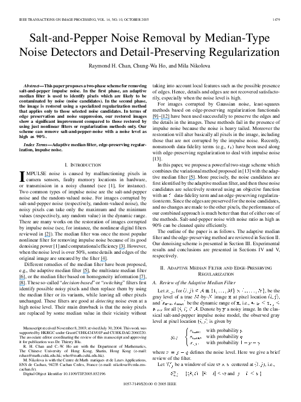 Pdf Salt And Pepper Noise Removal By Median Type Noise Detectors And Detail Preserving