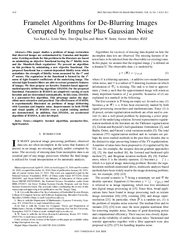 (PDF) Framelet algorithms for de-blurring images corrupted by impulse plus Gaussian noise