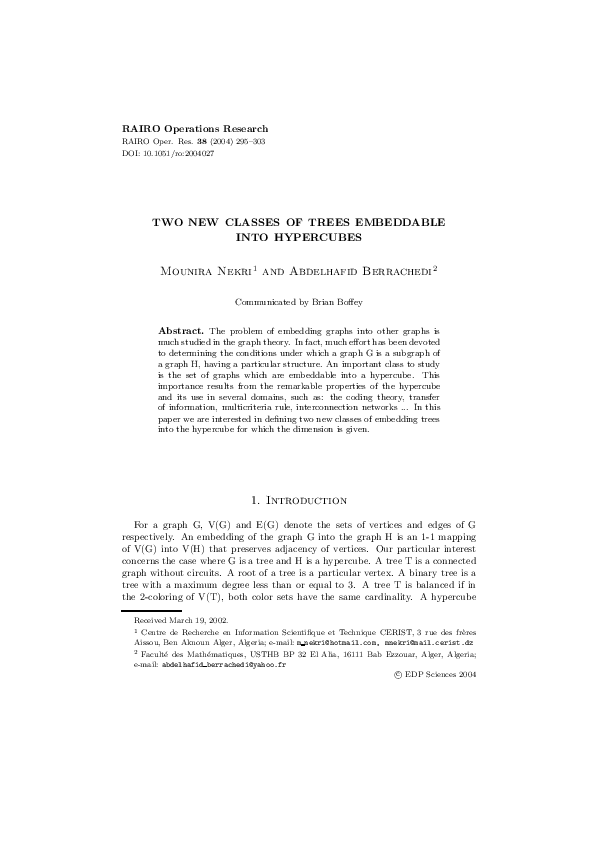 (PDF) Two new classes of trees embeddable into hypercubes