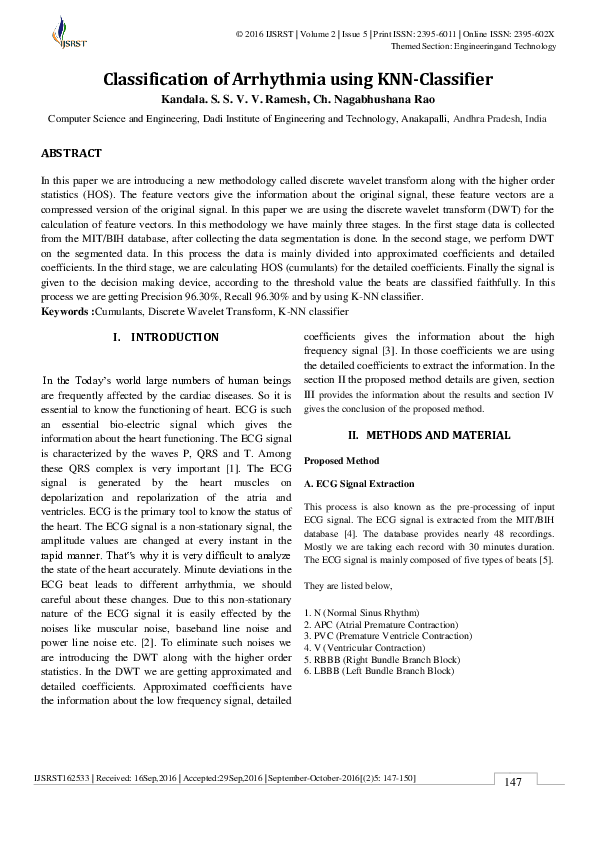 (PDF) Classification of Arrhythmia using KNN-Classifier