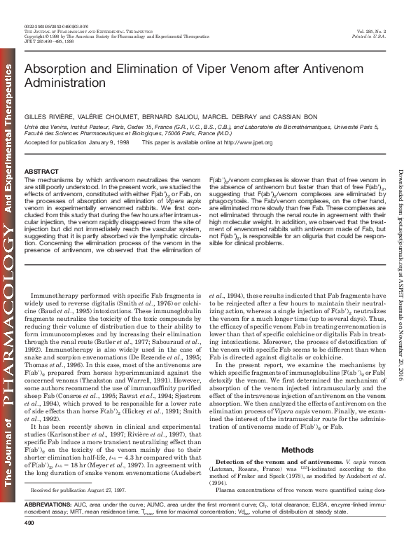 (PDF) Absorption and Elimination of Viper Venom after Antivenom ...