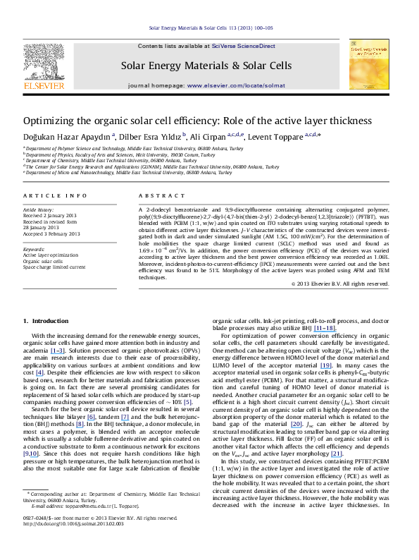 (PDF) Optimizing the organic solar cell efficiency: Role of the active layer thickness | Levent ...