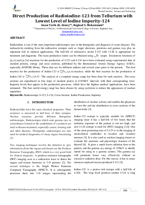 (PDF) Direct Production of Radioiodine-123 from Tellurium with Lowest ...