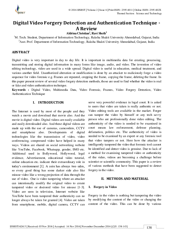Pdf Digital Video Forgery Detection And Authentication Technique A