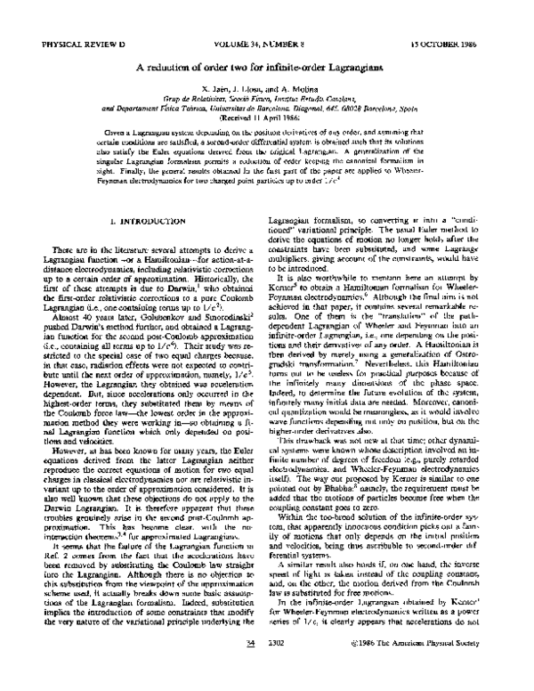 Pdf A Reduction Of Order Two For Infinite Order Lagrangians X Jaén